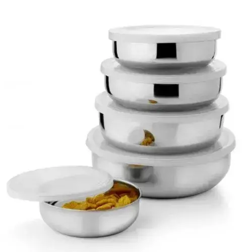 Round Stainless Steel 5 Pcs Bowl Set with Air Tight Lid for Home | e ...